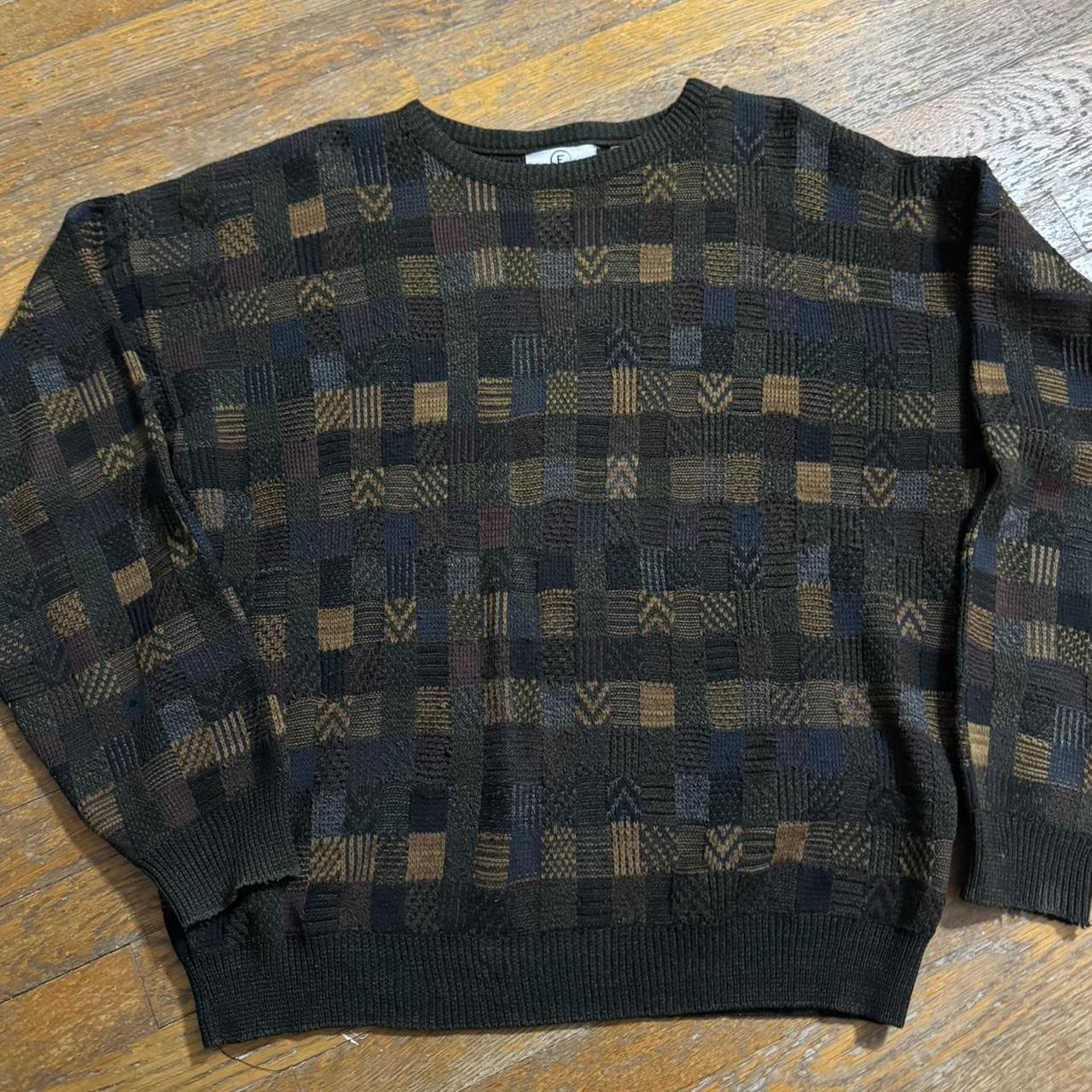 Vintage grandpa knit 90s checkerboard pattern... - Depop