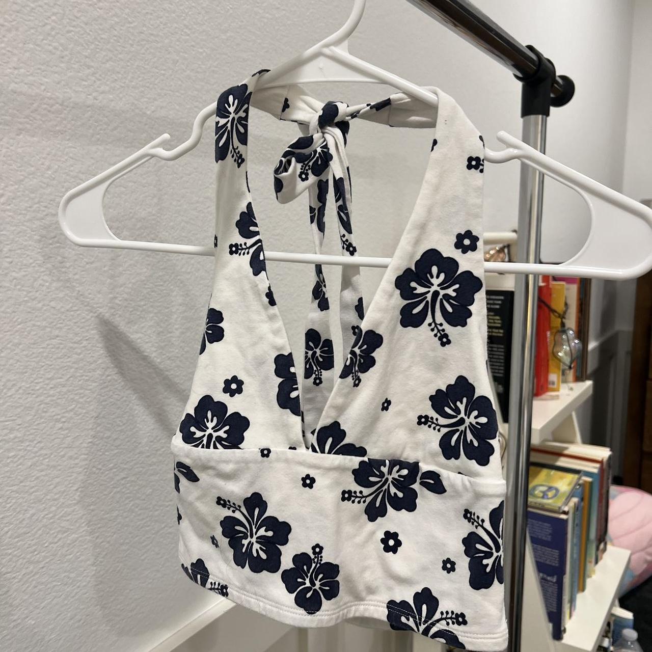 garage halter top blue hibiscus flowers - Depop