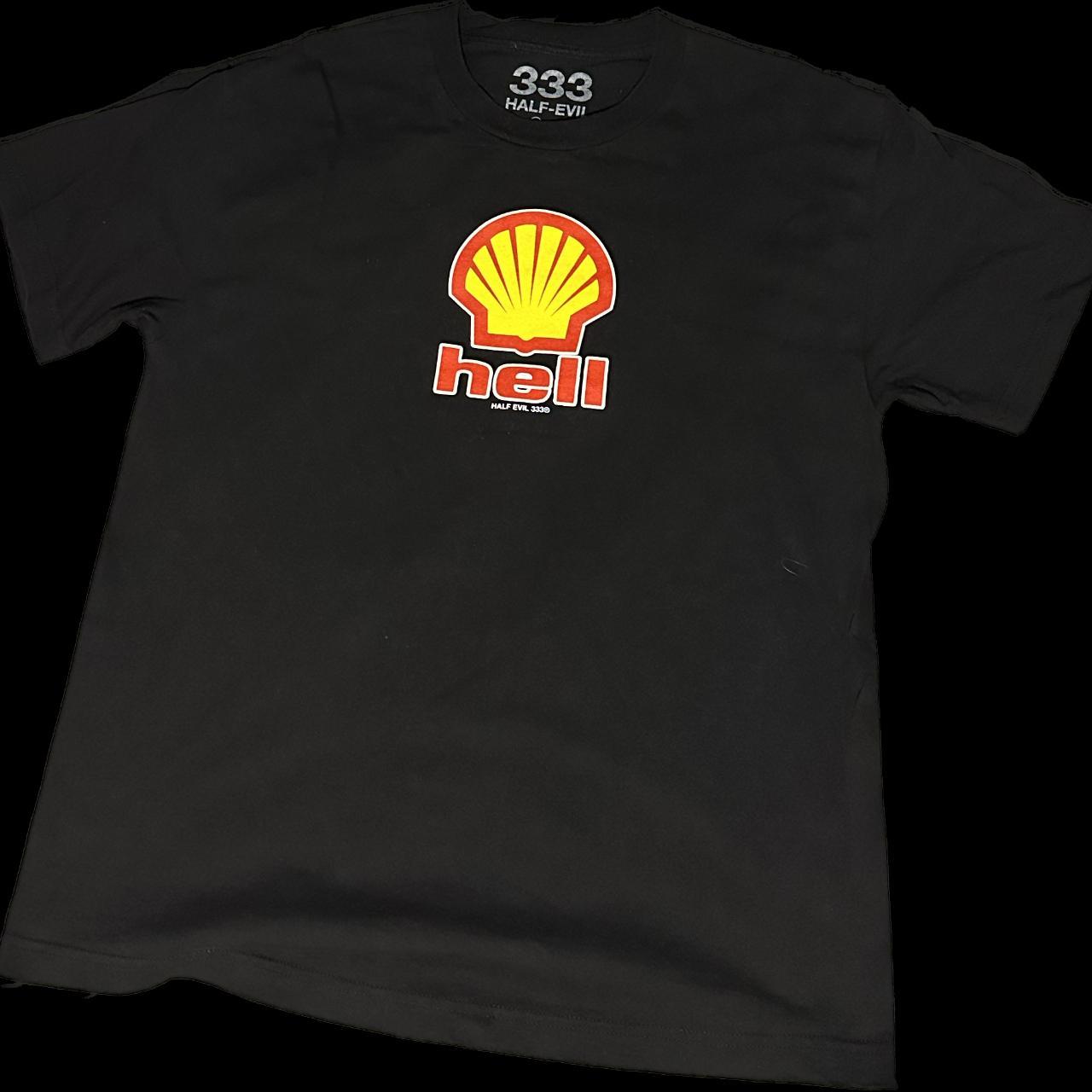 Half Evil Shell Hell Logo Flip Tee Shirt gently... - Depop