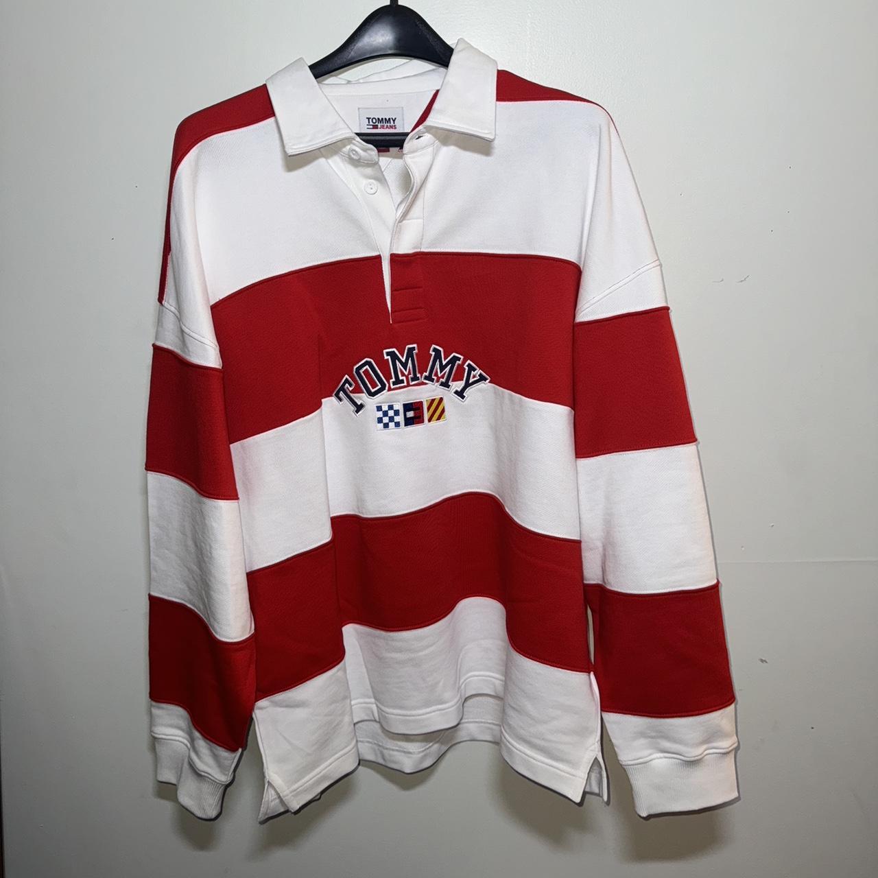 Tommy Hilfiger red and white Rugby Polo - Depop