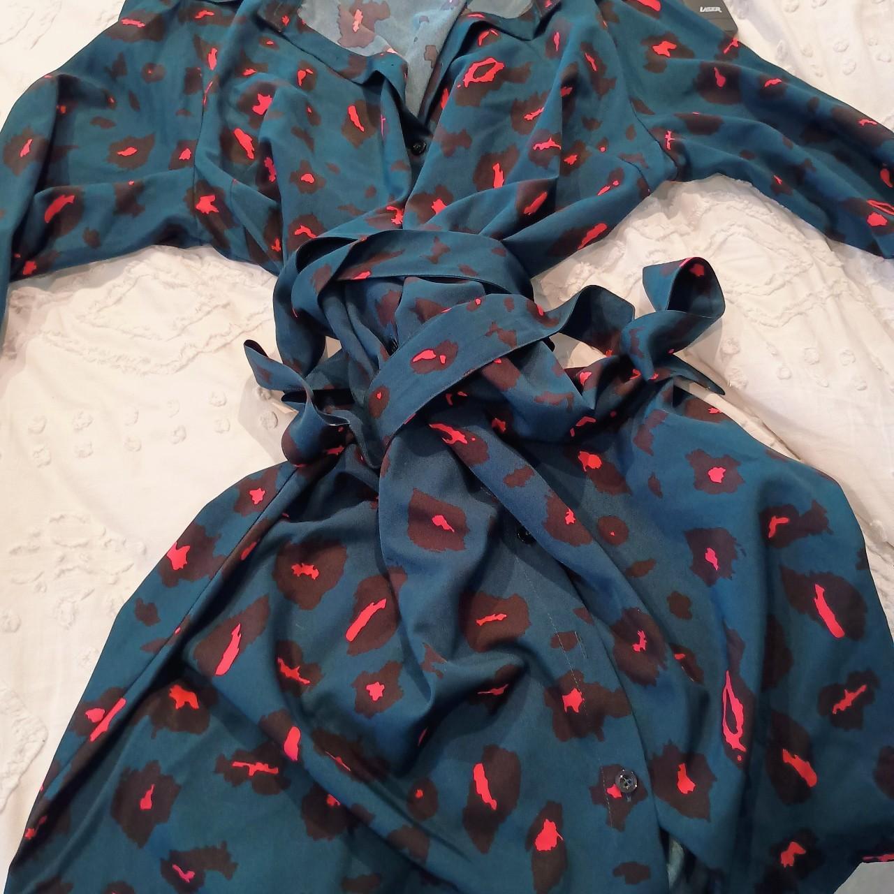 Shein Curve Teal and Pink Leopard print shirt dress... | Depop