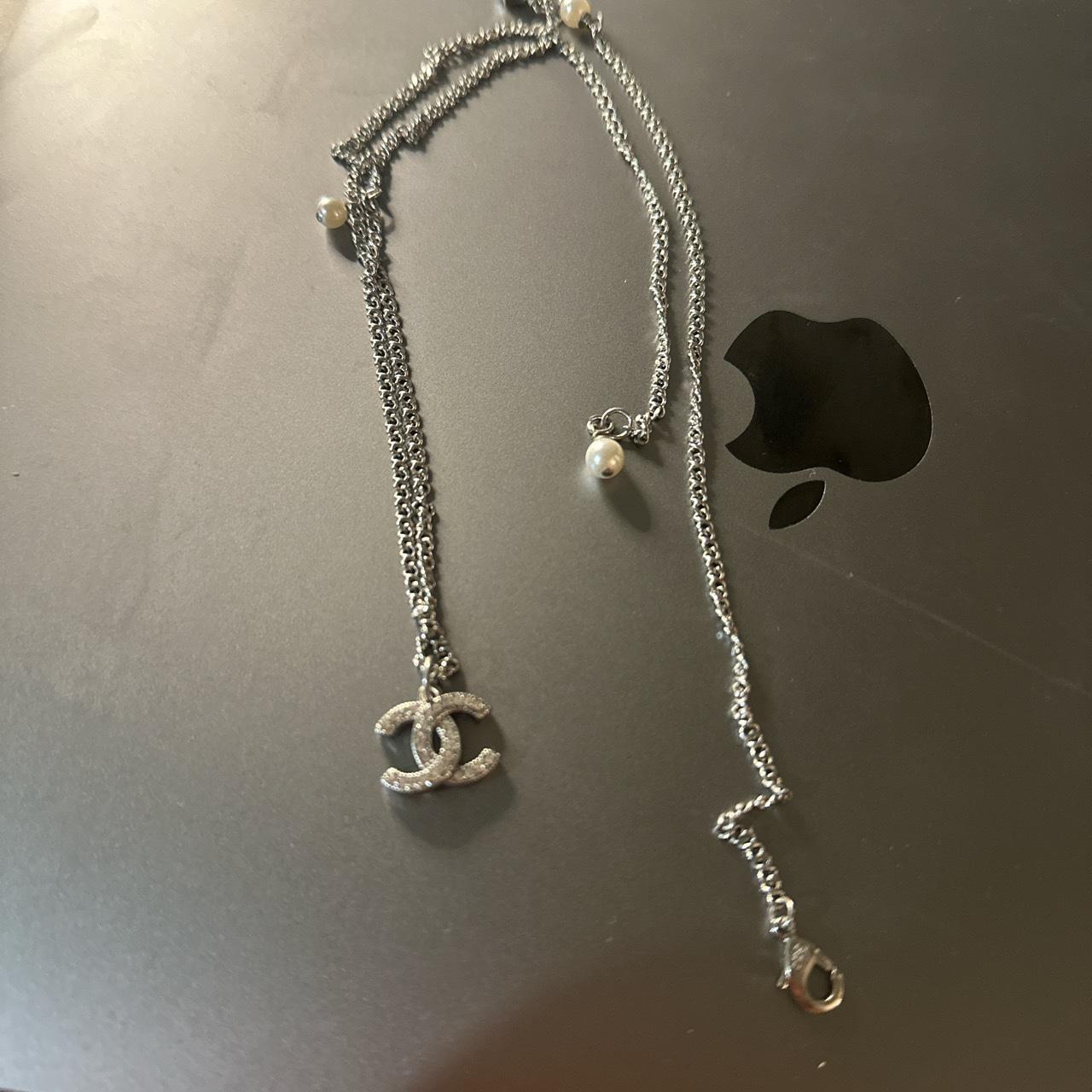 Real Vintage Chanel Silver Dainty CC Logo Necklace... - Depop
