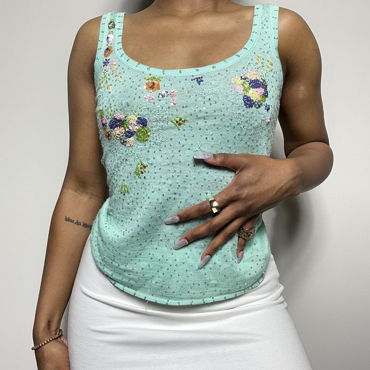 Vintage 90s sequin tank top Aqua semi sheer... - Depop