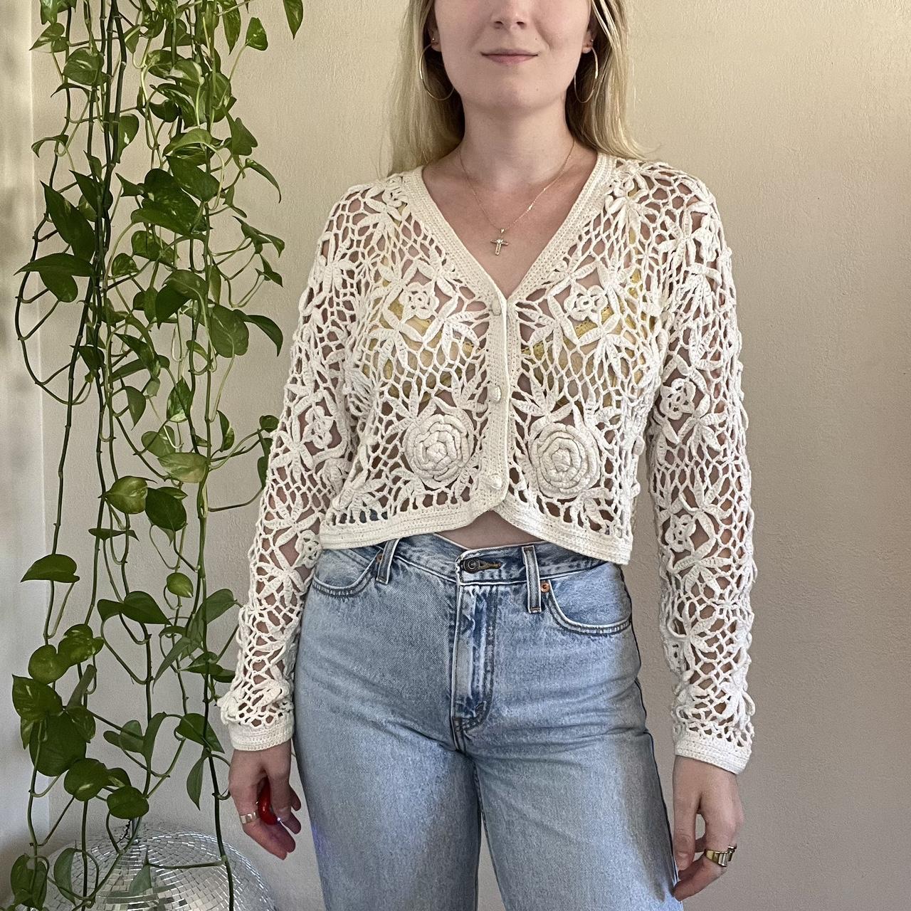 Cropped Hand Knit Cardigan. Features flower knit... - Depop