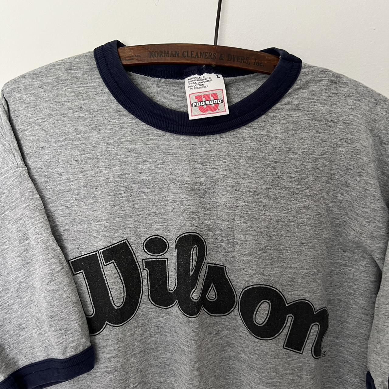 Vintage 1990s essential Wilson spell out ringer t... - Depop