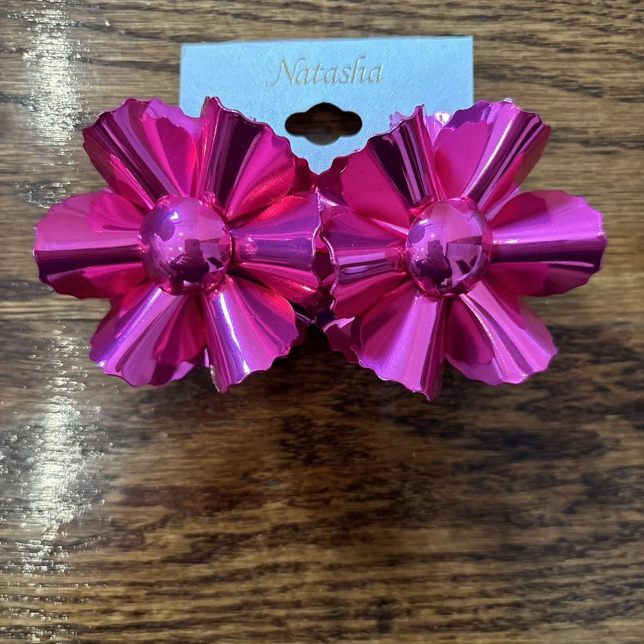Natasha hot Pink metal flower earrings Brand... | Depop
