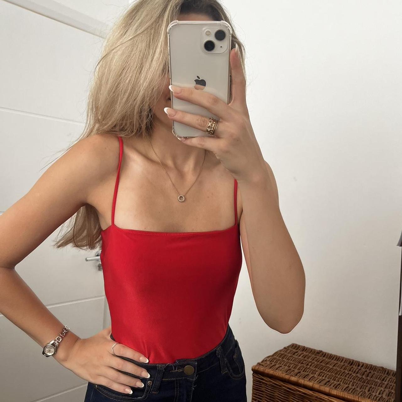 Missguided red seam free straight neck bodysuit with... - Depop