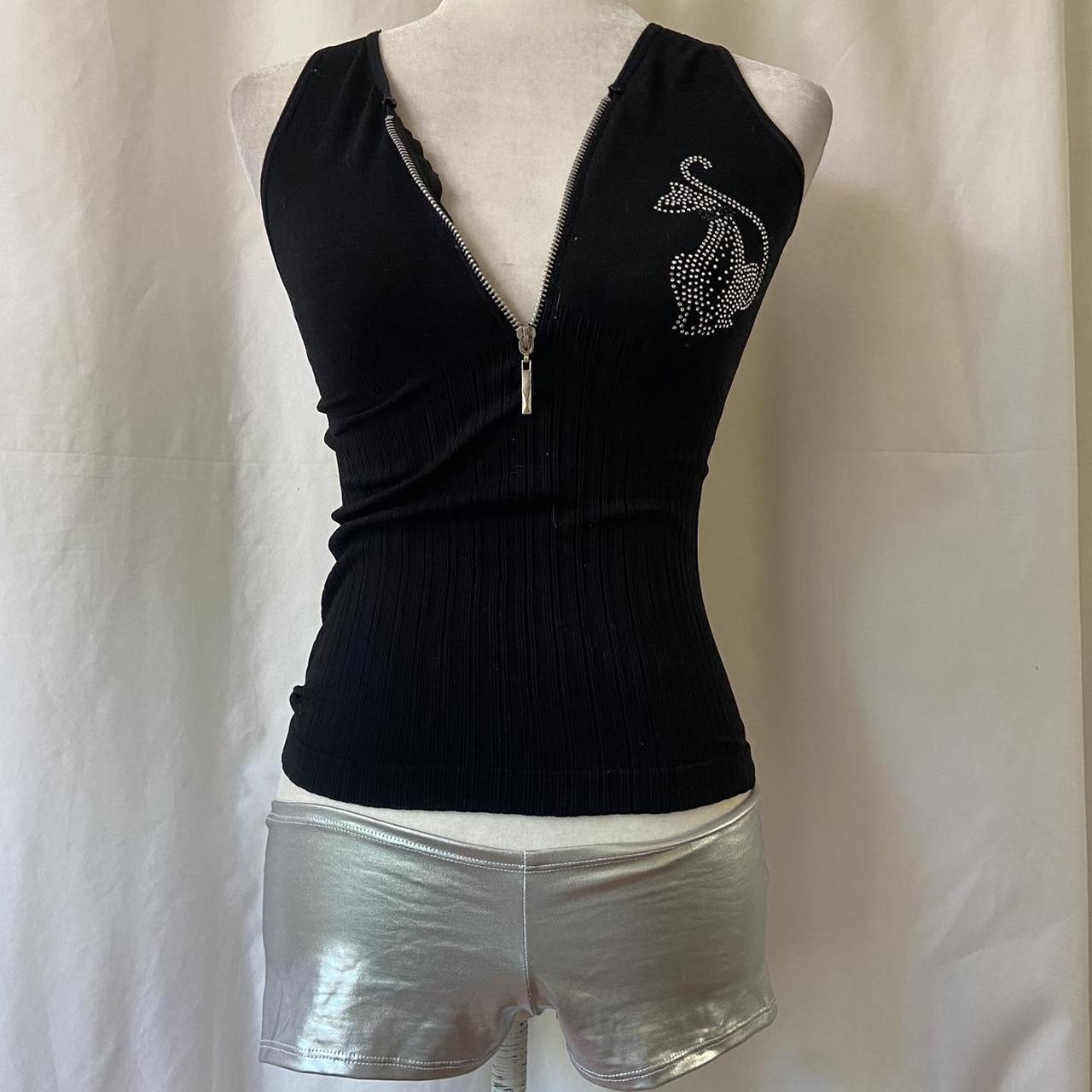 Y2K black zip up tank top with rhinestone cat... - Depop