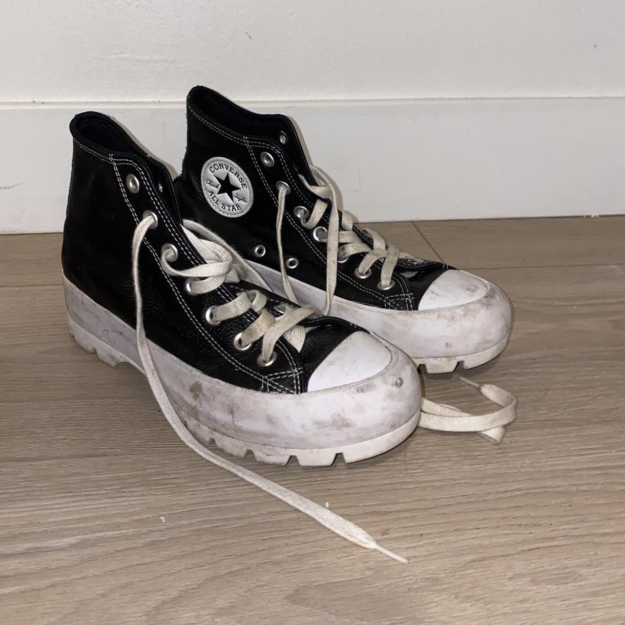 Gently used converse shoes Black leather Size 7 - Depop