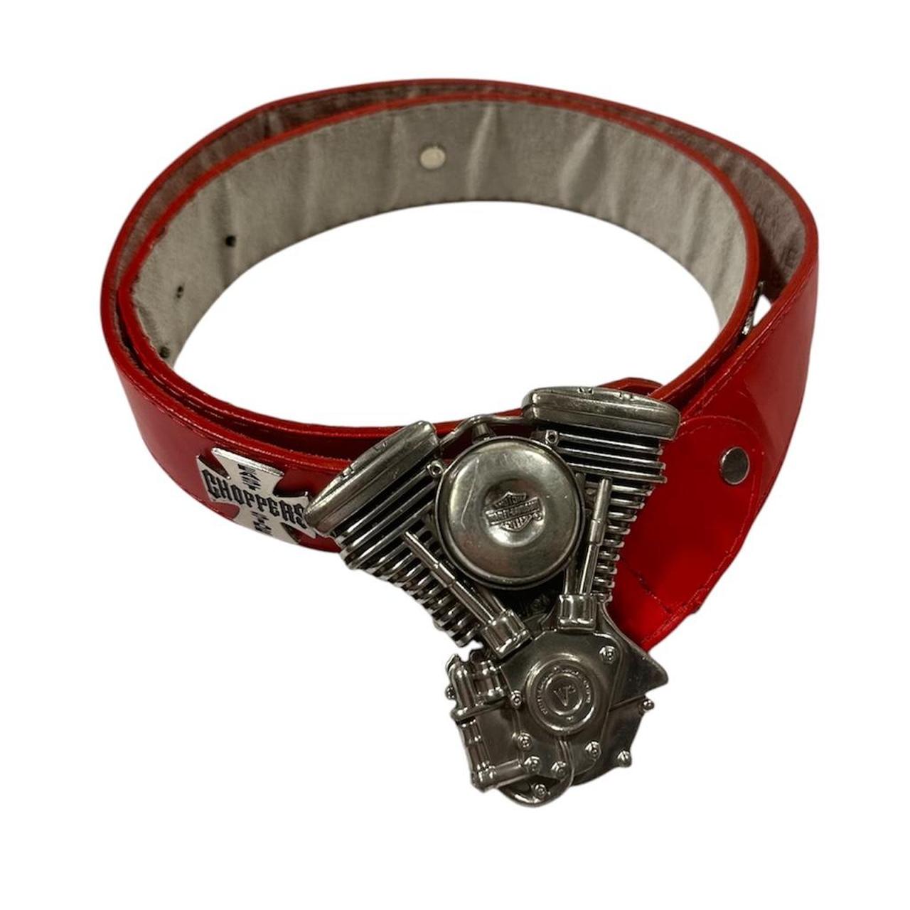 Red leather motorcycle belt with silver... | Depop