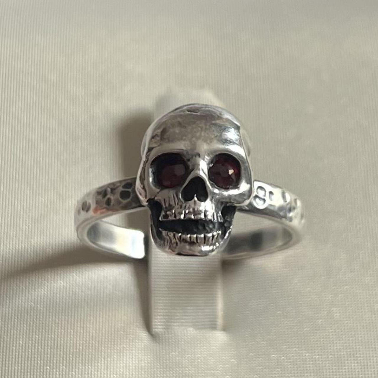 Solid silver skull ring with natural garnet... - Depop