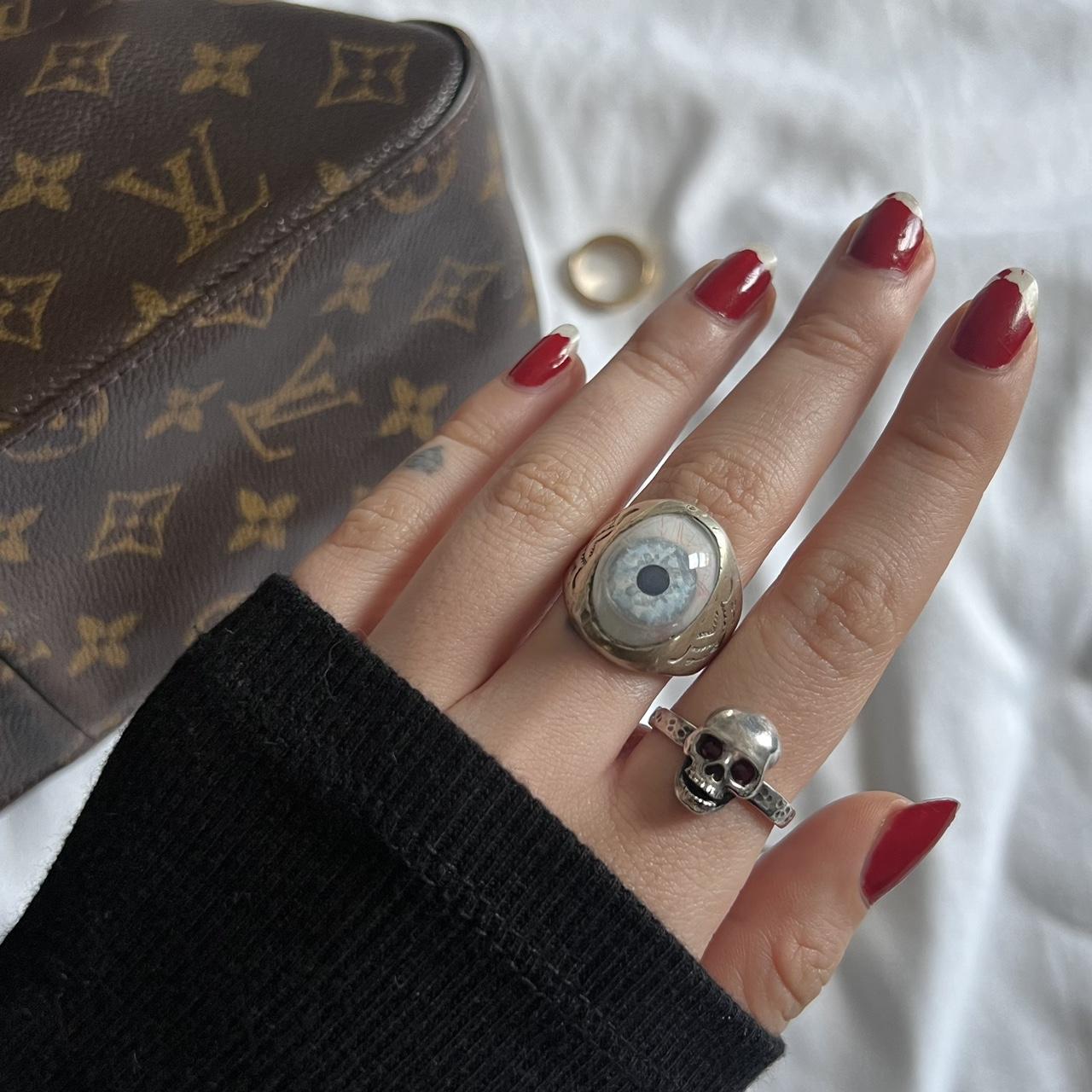 Solid silver skull ring with natural garnet... - Depop