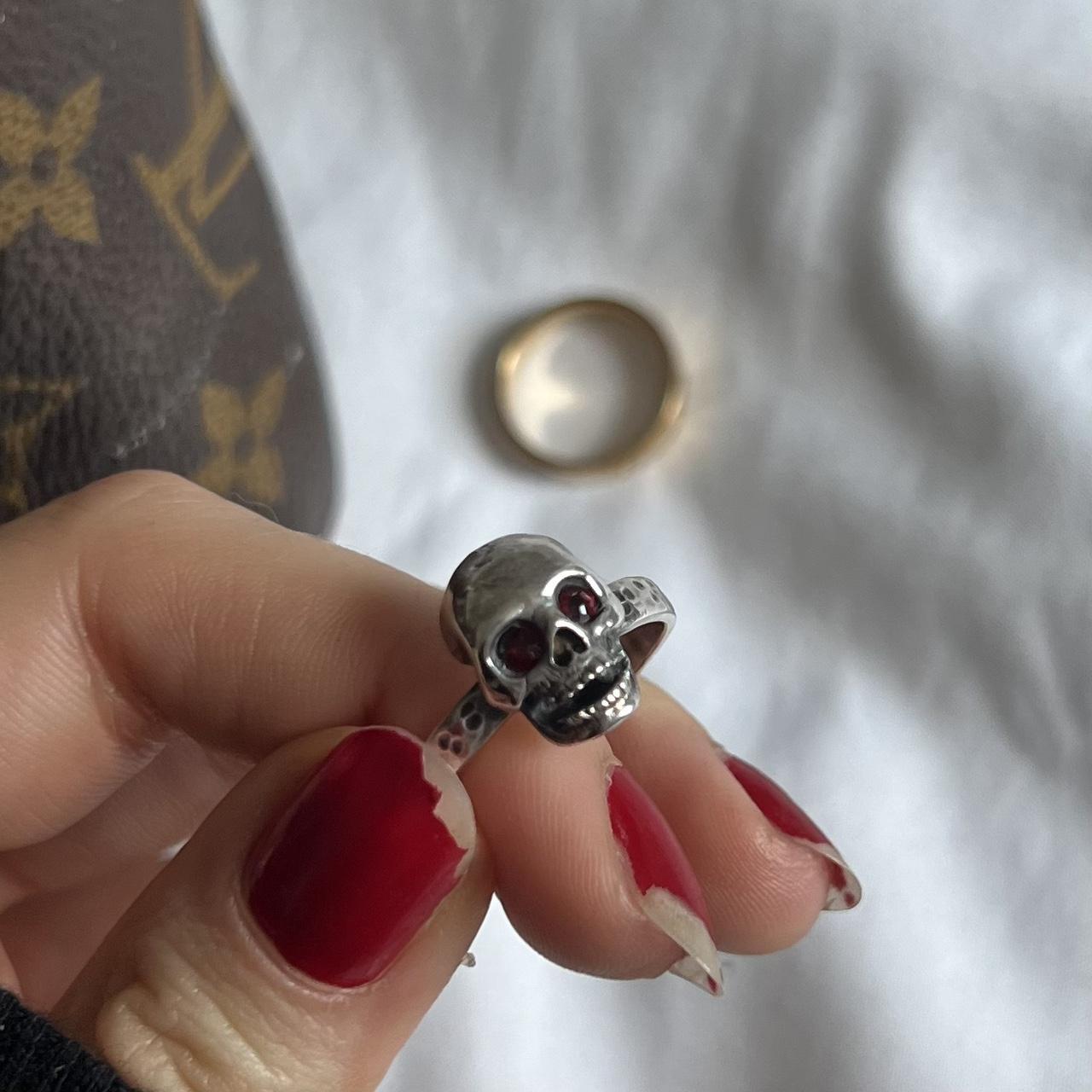 Solid silver skull ring with natural garnet... - Depop