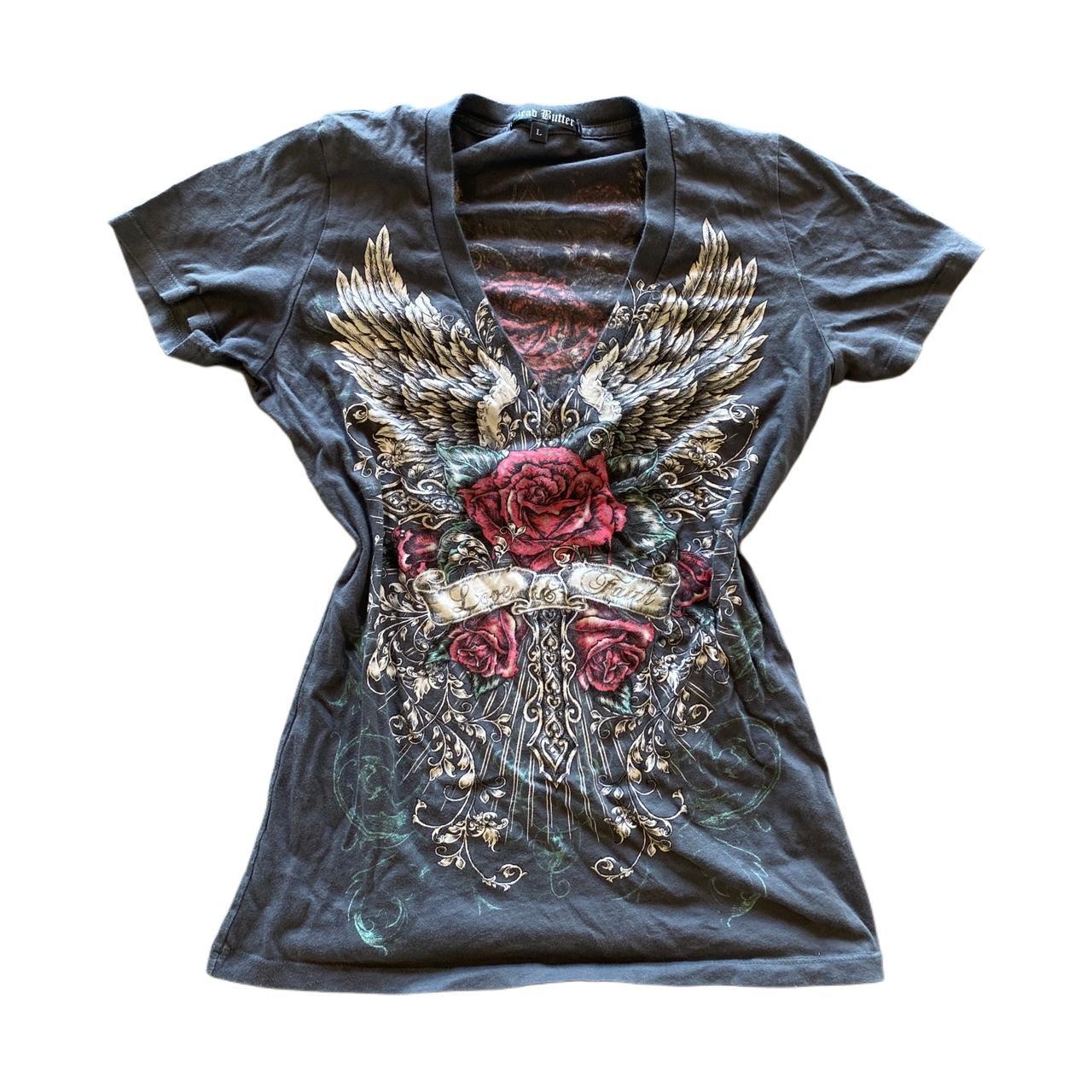 2000s grunge Brad Butter v neck short sleeve tee... - Depop