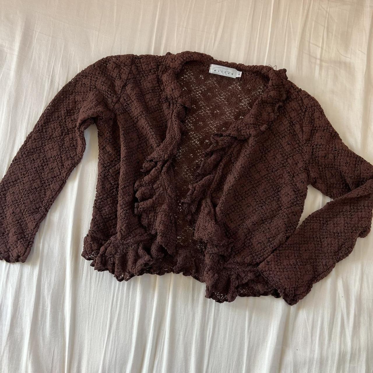 Vintage crochet brown ruffle cardigan Whimsygoth... - Depop