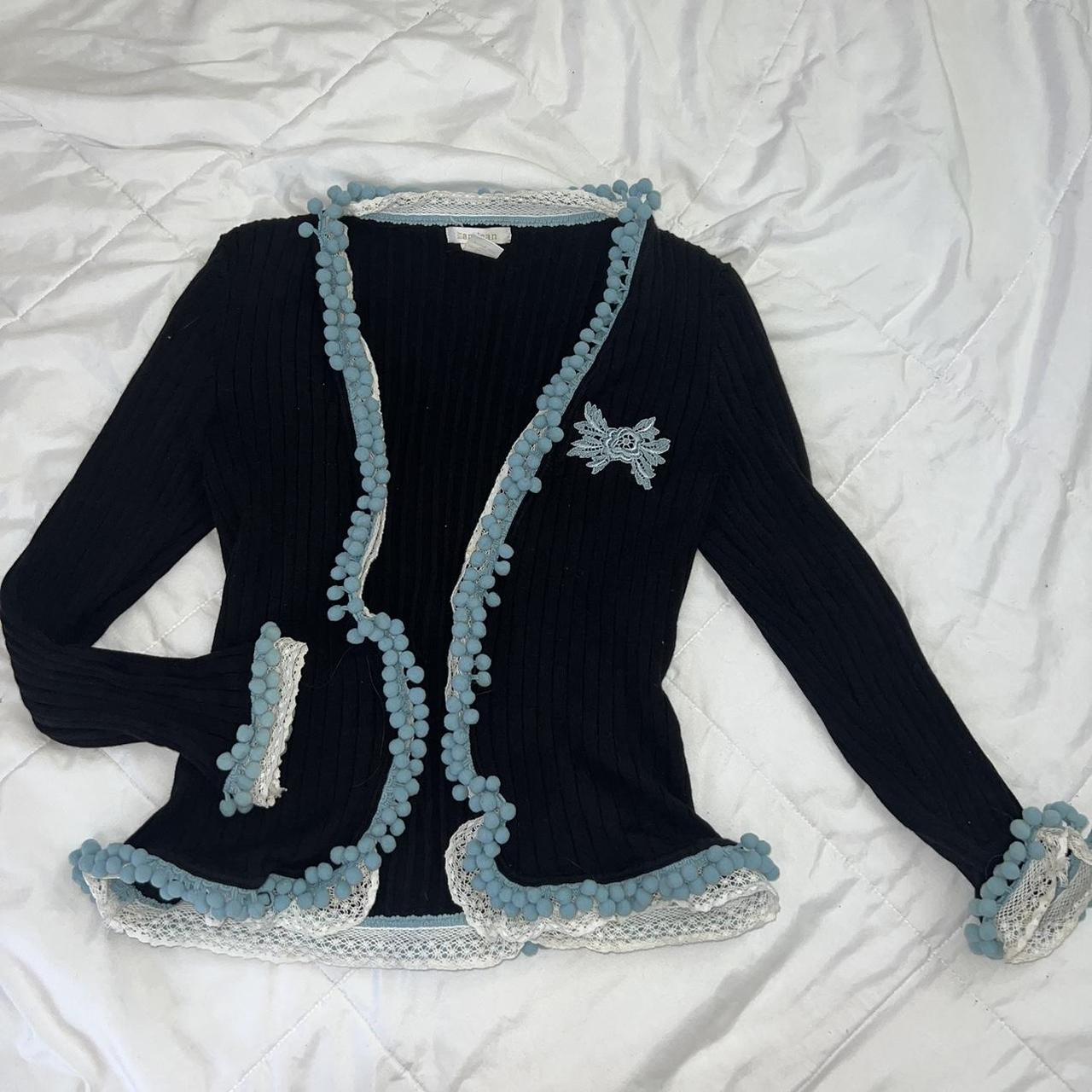 vintage y2k black cardigan with blue pom poms and... - Depop