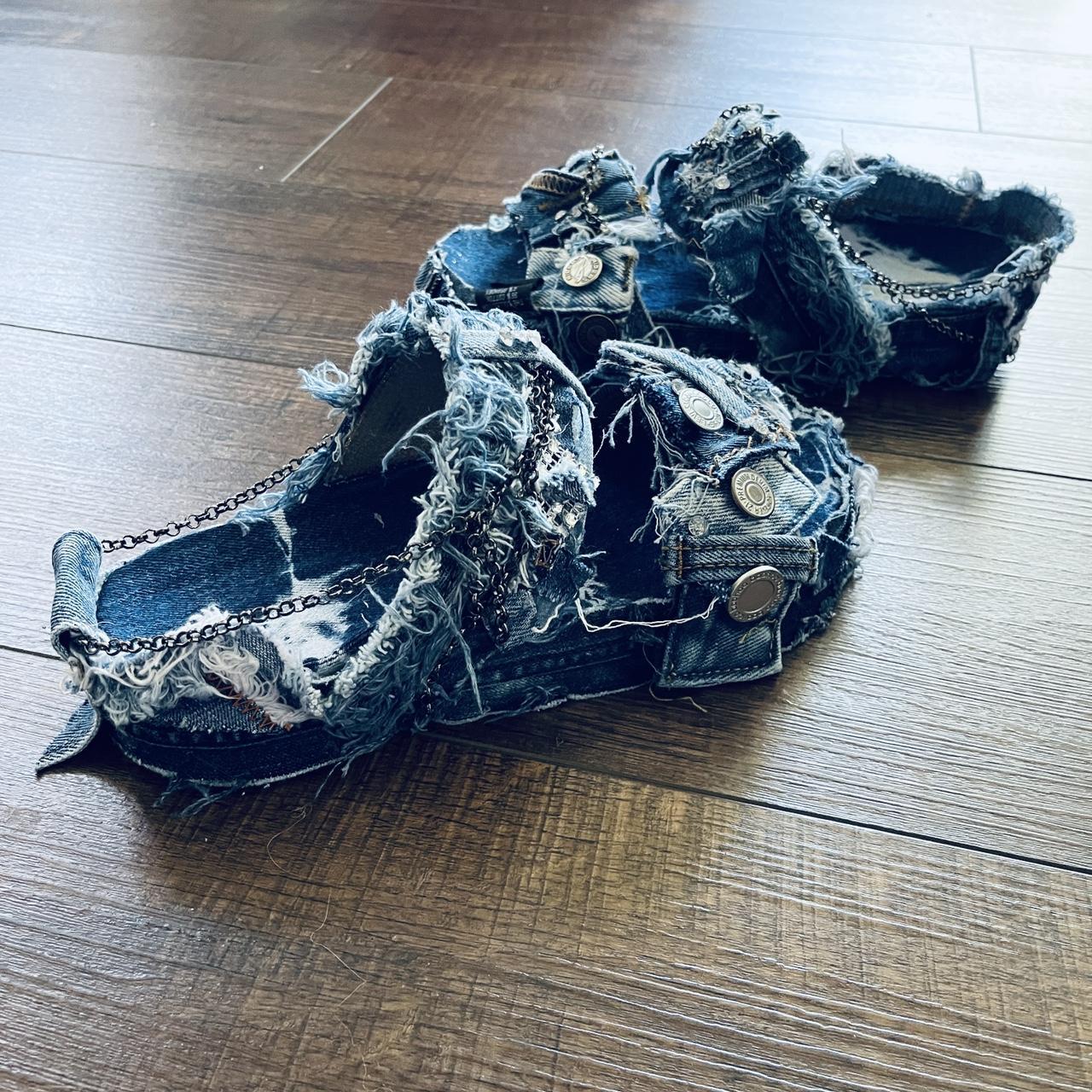 Reworked UpCycled Denim Double Band Slides... - Depop