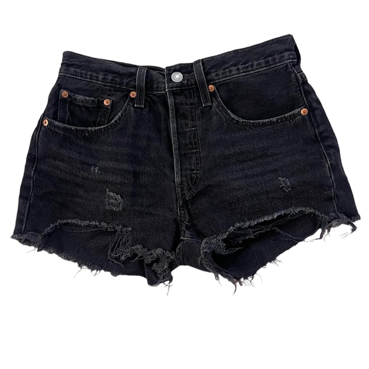 black ripped denim levi shorts size 26 waist - Depop