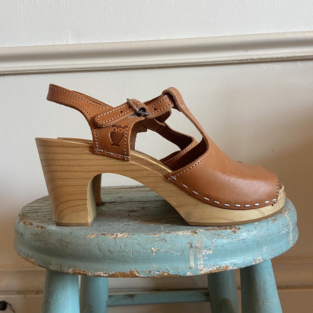 Brand new tan leather clog sandals with wooden sole... - Depop