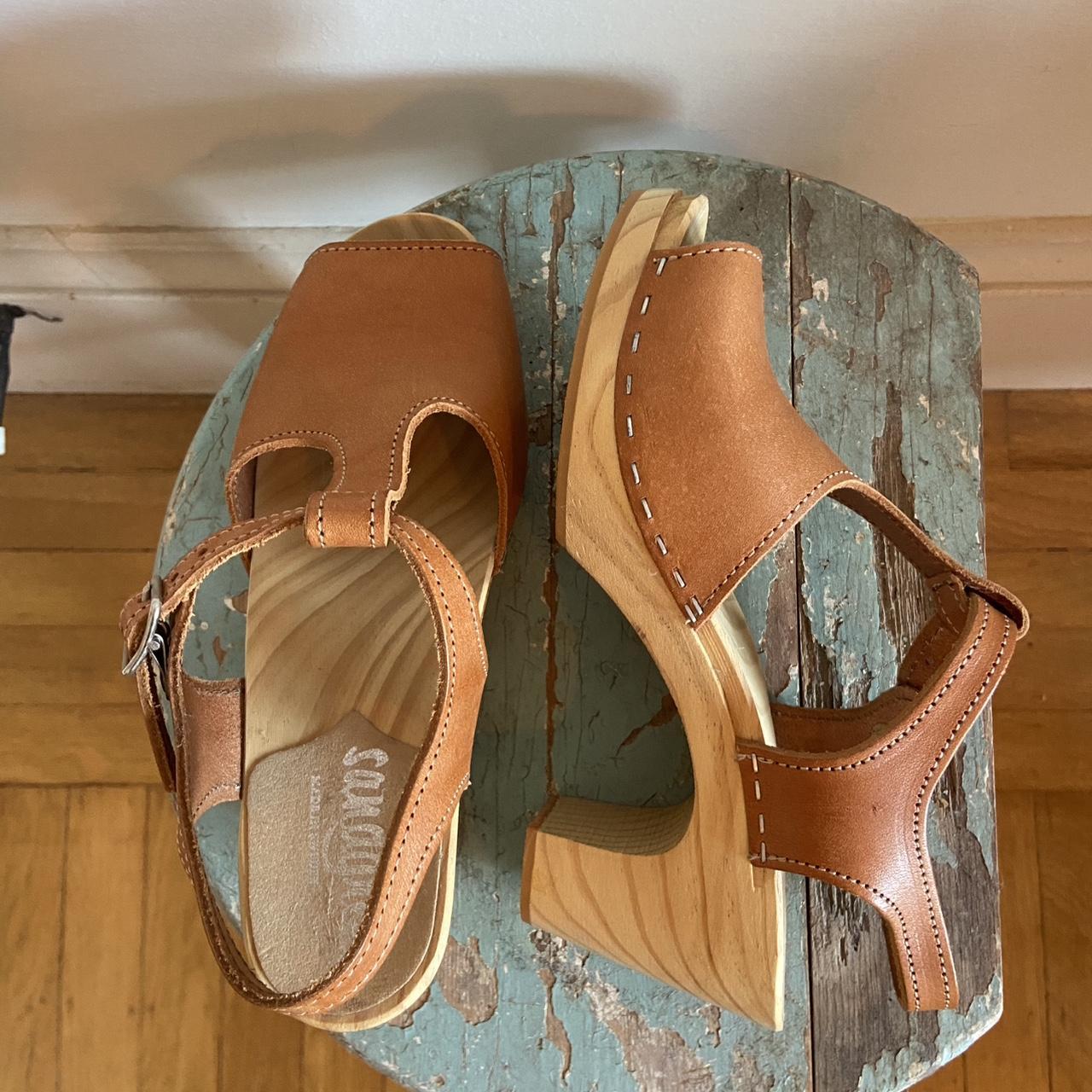 Brand new tan leather clog sandals with wooden sole... - Depop