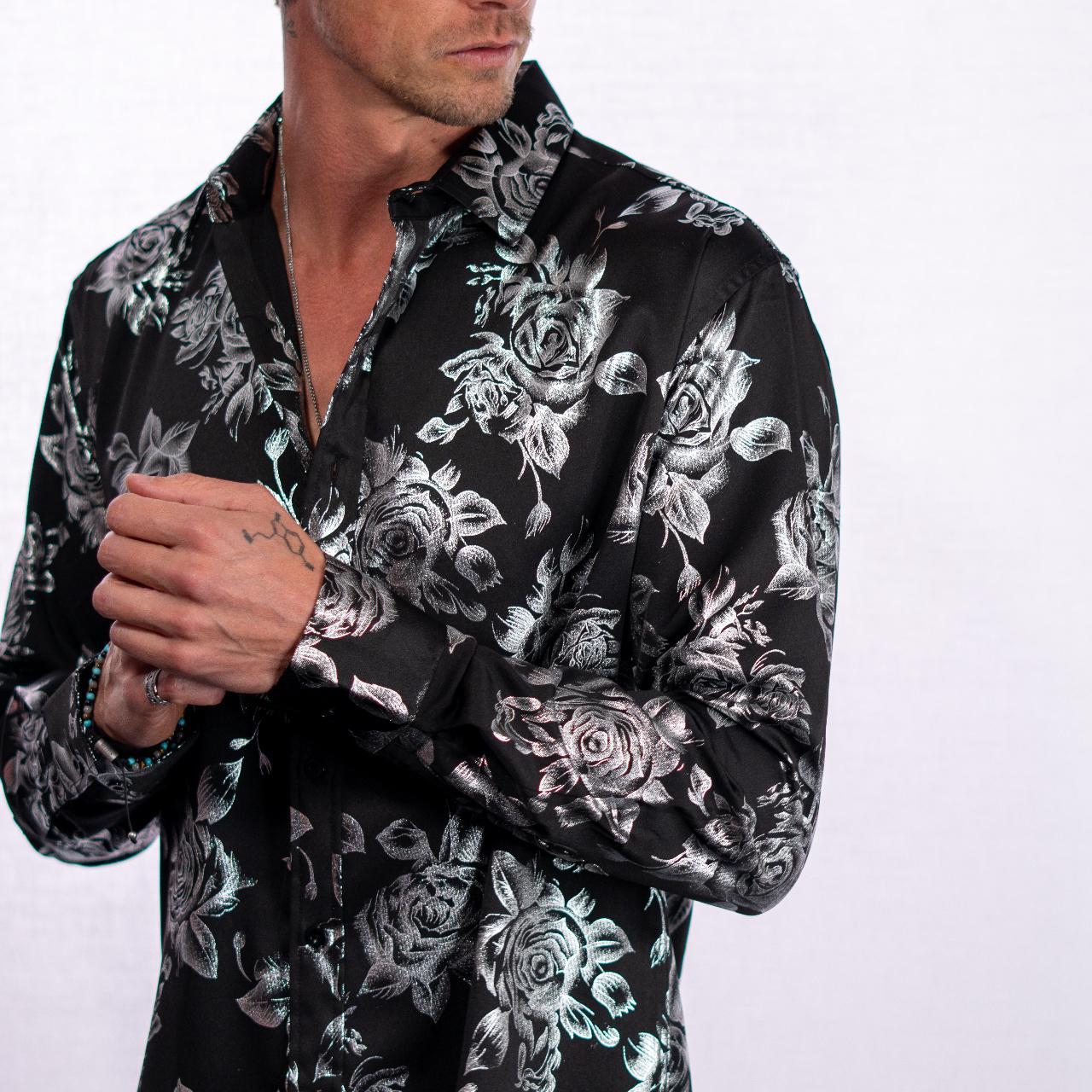 Coofandy - Men's Silver & Black button up flora... - Depop