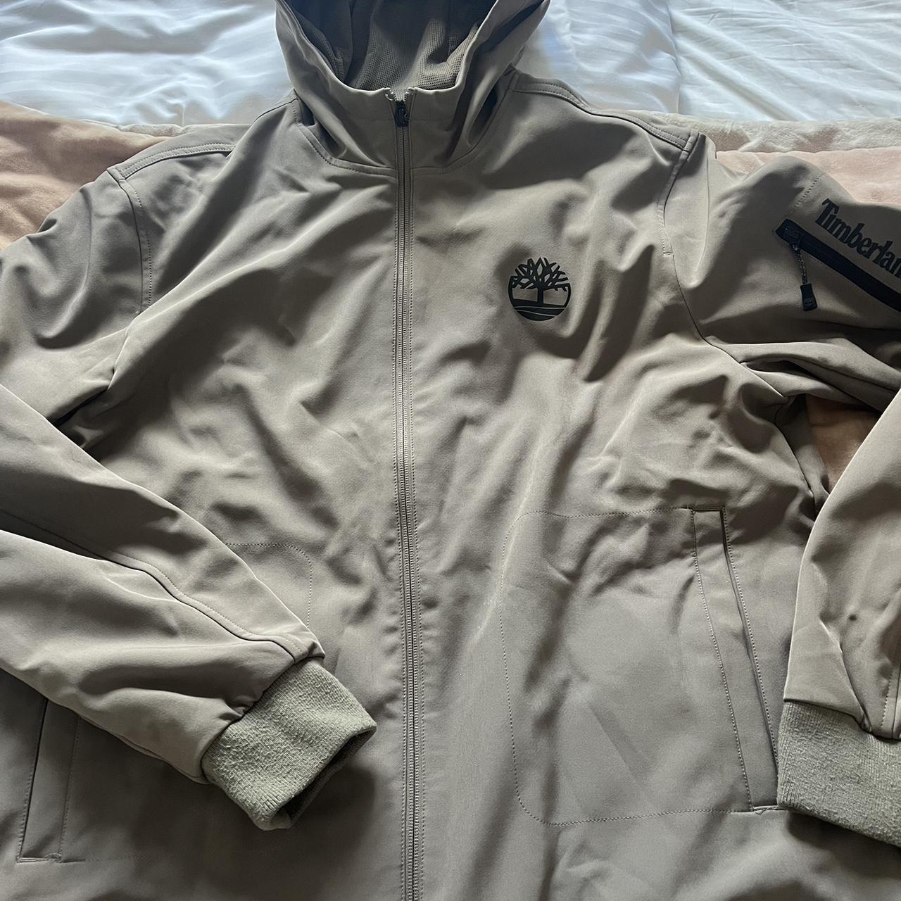 Timberland jacket Grey Thumb holes Size XL - Depop