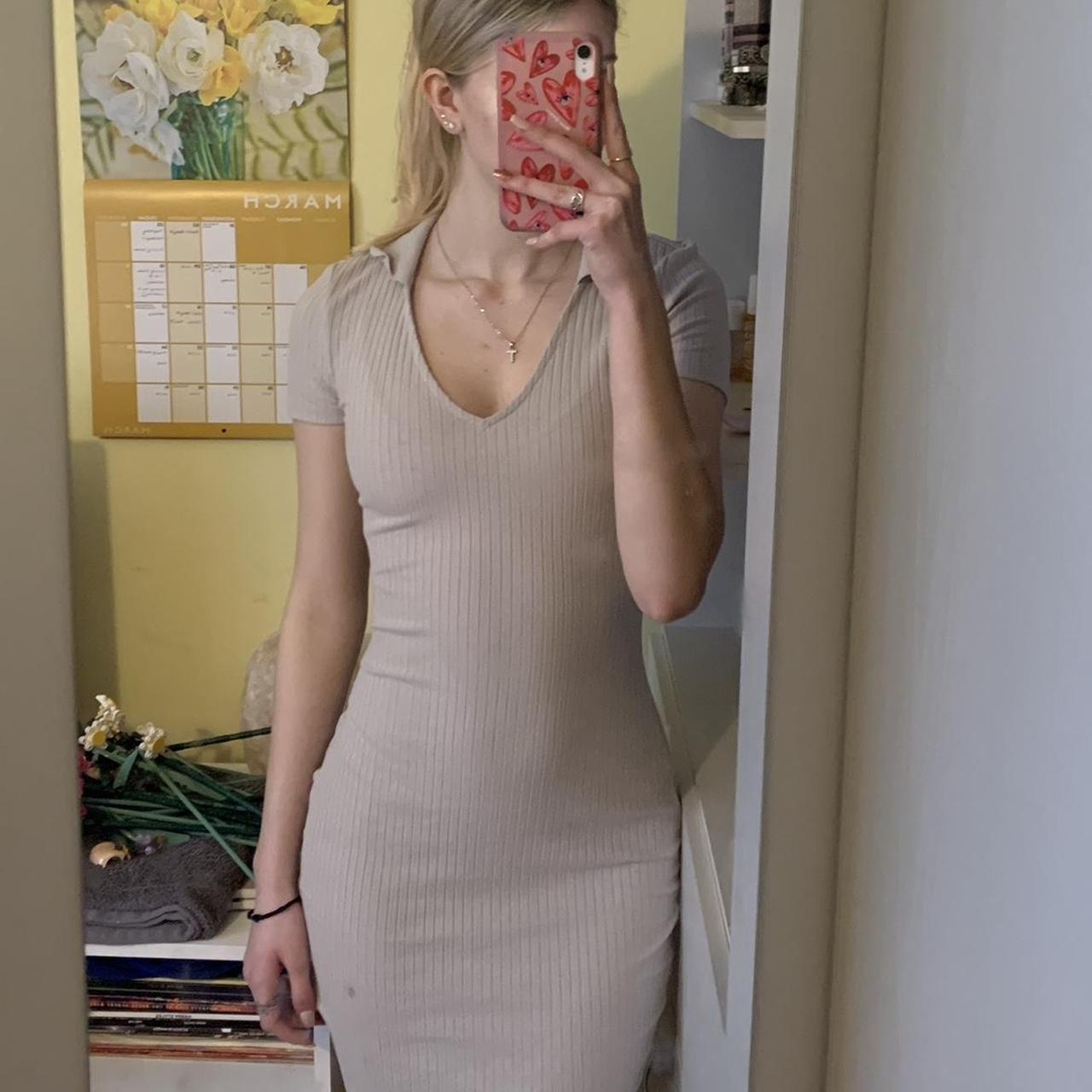 light beige ribbed v-neck collared dress 🤎 worn... - Depop