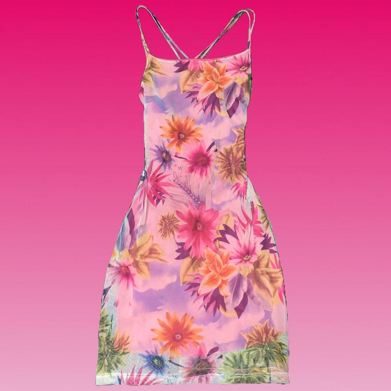 Pink multicolor floral mini dress Open back, mesh... - Depop