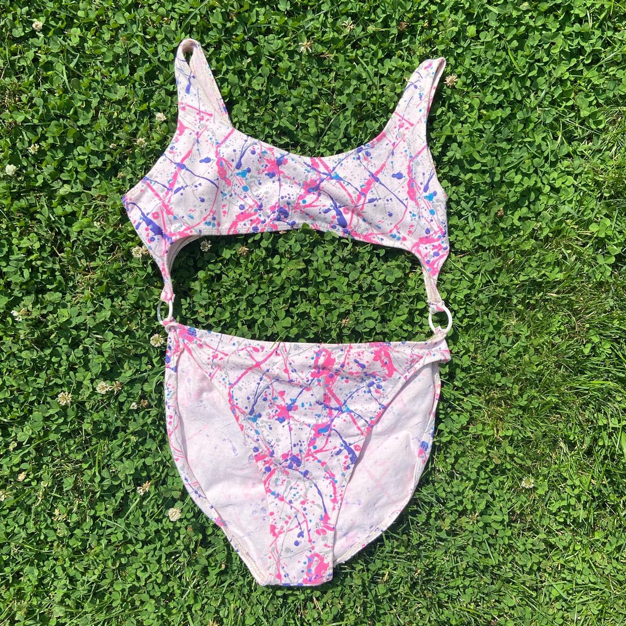 VINTAGE 80s CUTOUT PAINT SPLATTER SWIMSUIT True... - Depop