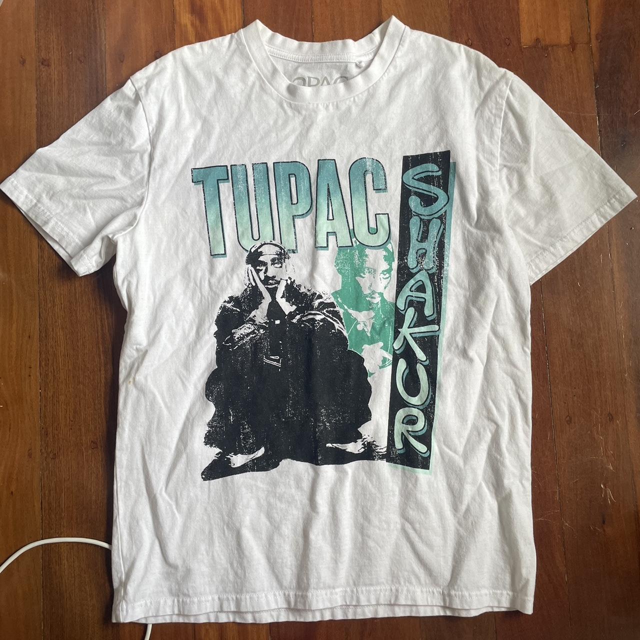 White and blue oversized Tupac tshirt Size... - Depop