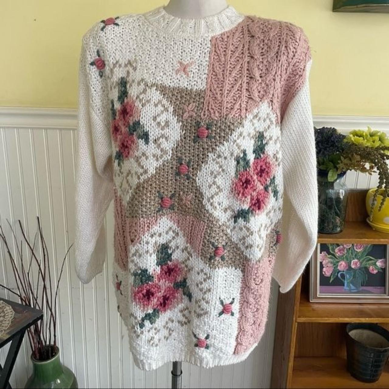 Vintage hand crafted knitted rose sweater casual... - Depop