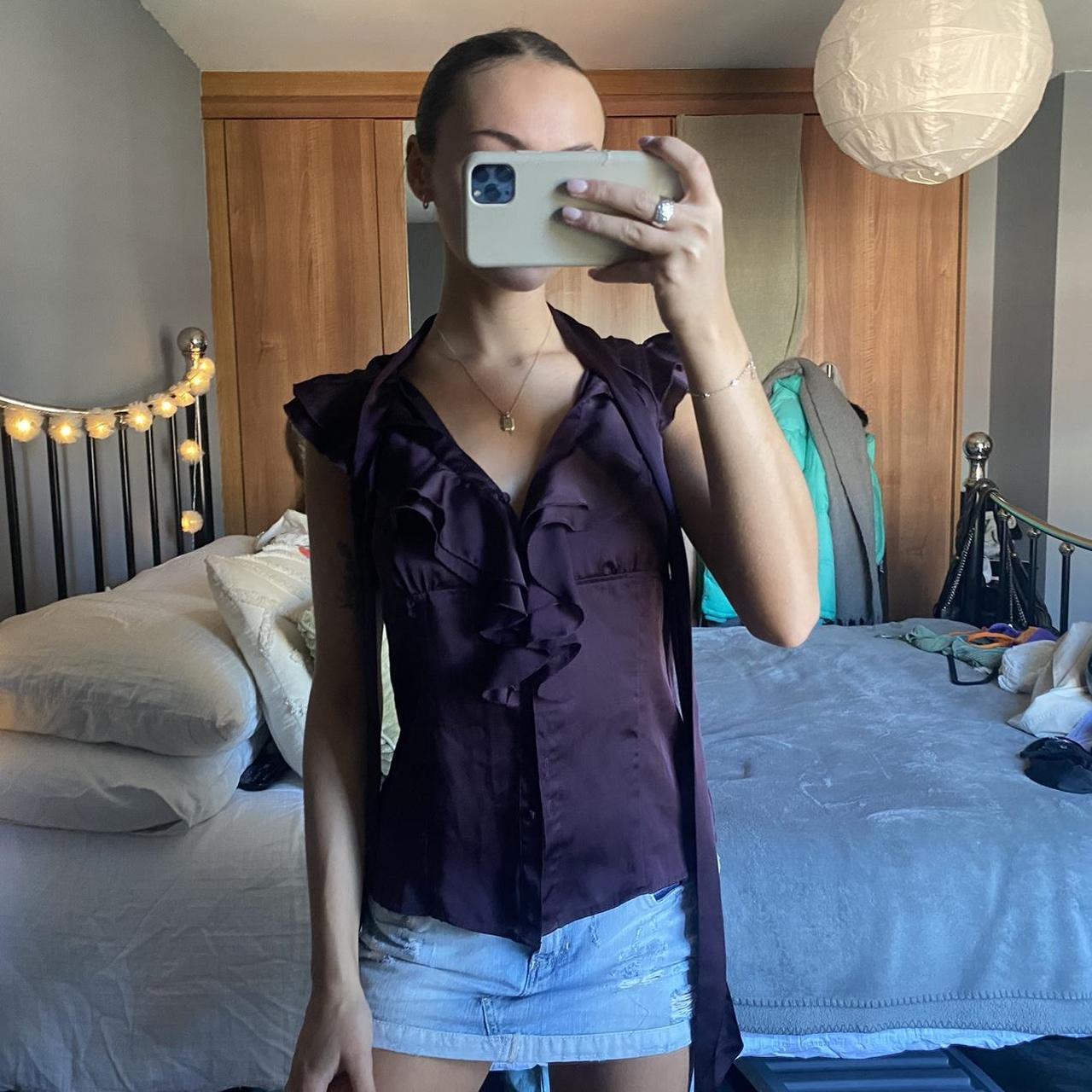 Really pretty purple silky feel blouse with neck tie... - Depop