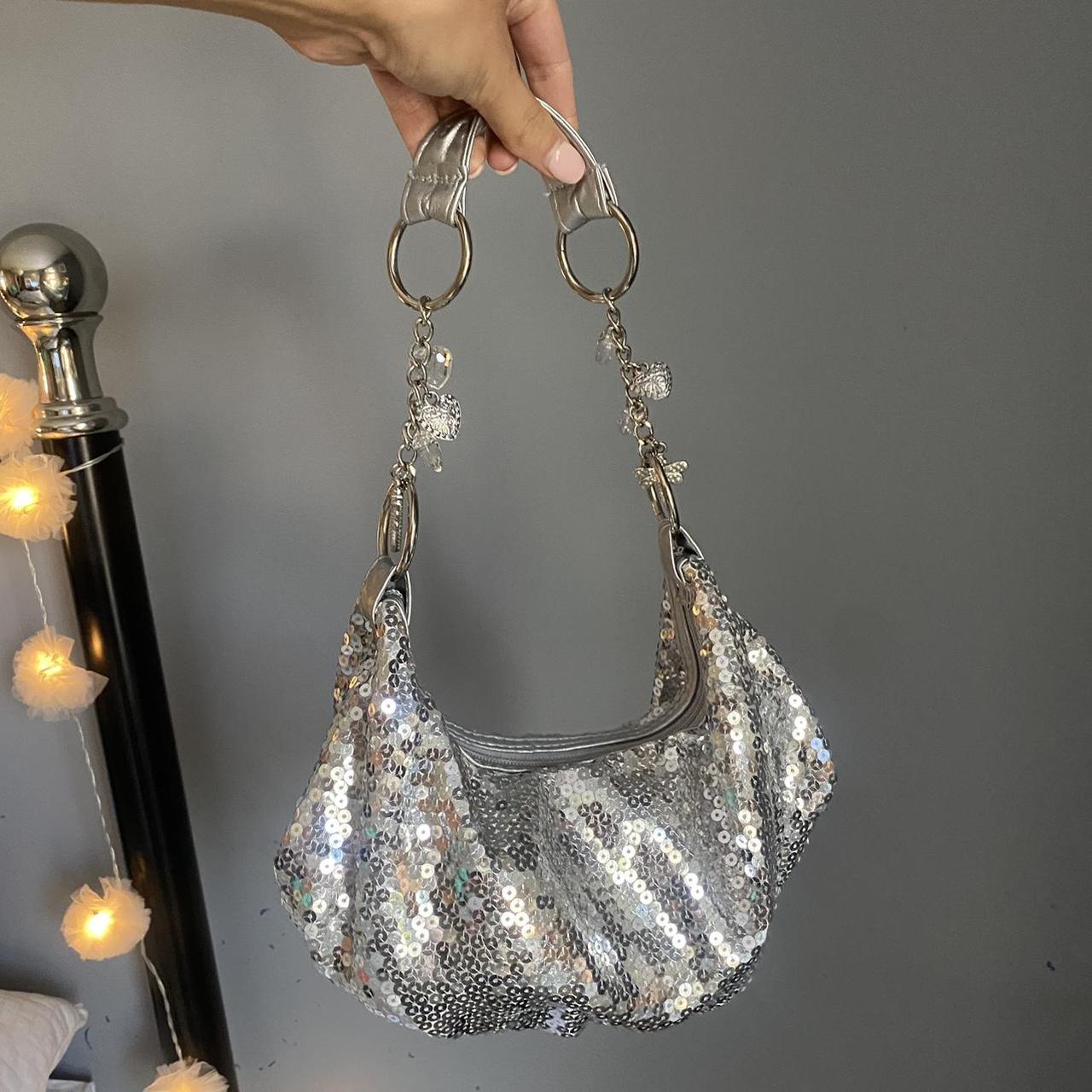 Unreal y2k silver sequin shoulder bag with charms on... - Depop