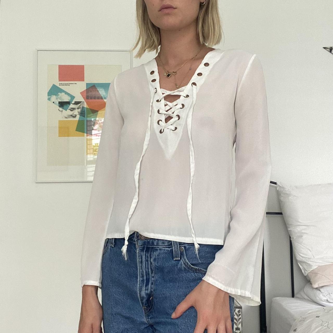 White sheer blouse with lace up neckline White... - Depop
