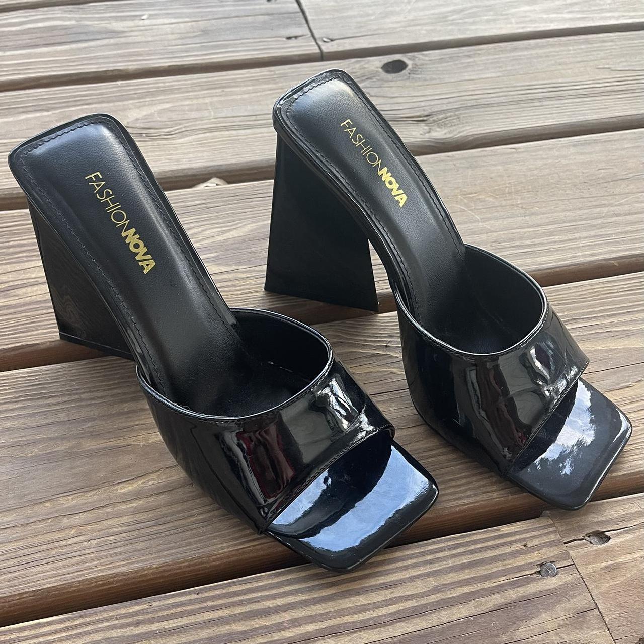 This classic pair of US 7.5, square, open-toe heels... - Depop