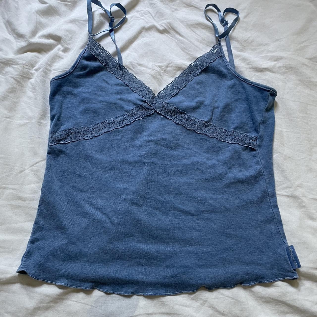 Beautiful Y2K baby blue lace tank top from DKNY... - Depop