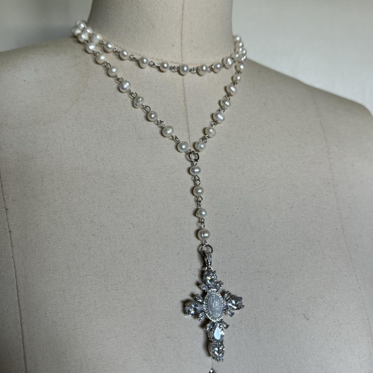 Silver Virgin Mary gem cross 2 layer freshwater... | Depop