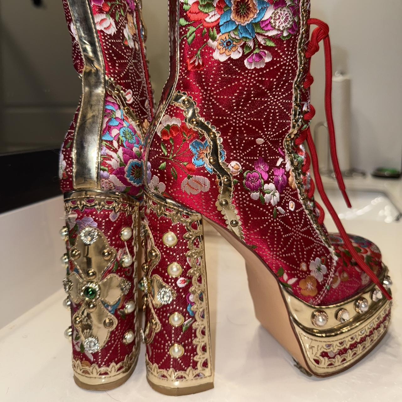 Red and gold platform boots with pearls and... | Depop