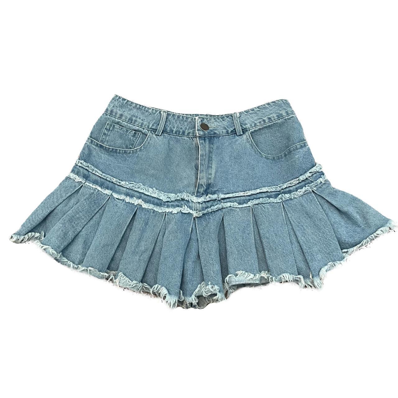 denim ruffle mini skirt with built in shorts size:... - Depop