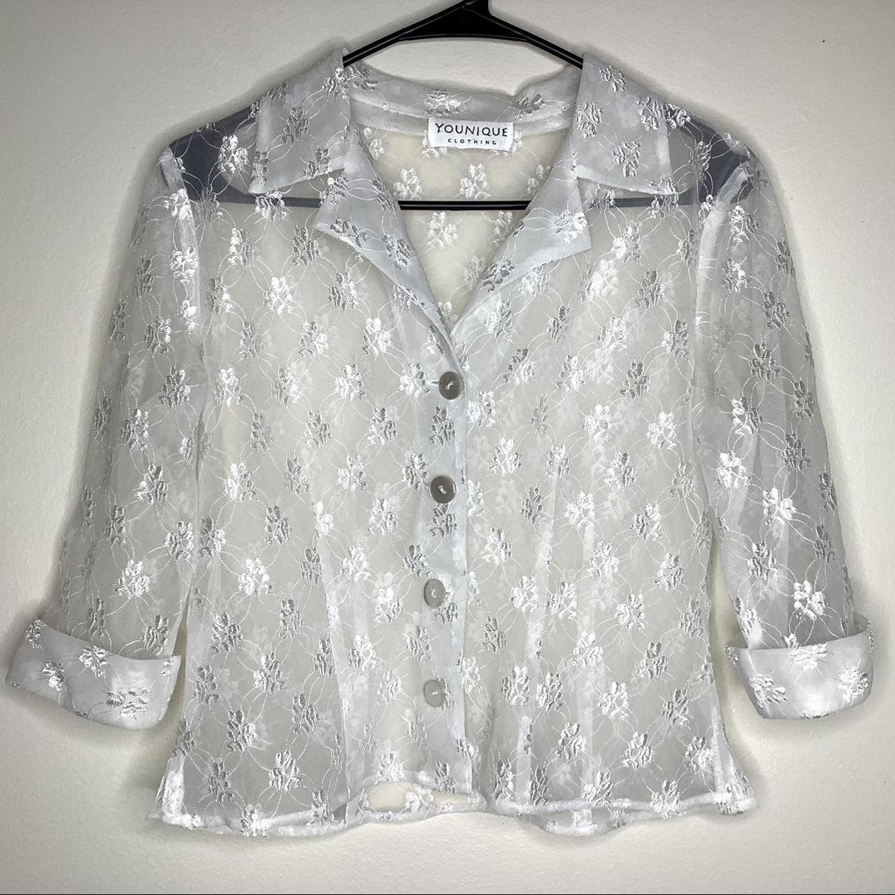 Vintage Younique Sheer Floral Button Down Missing... - Depop