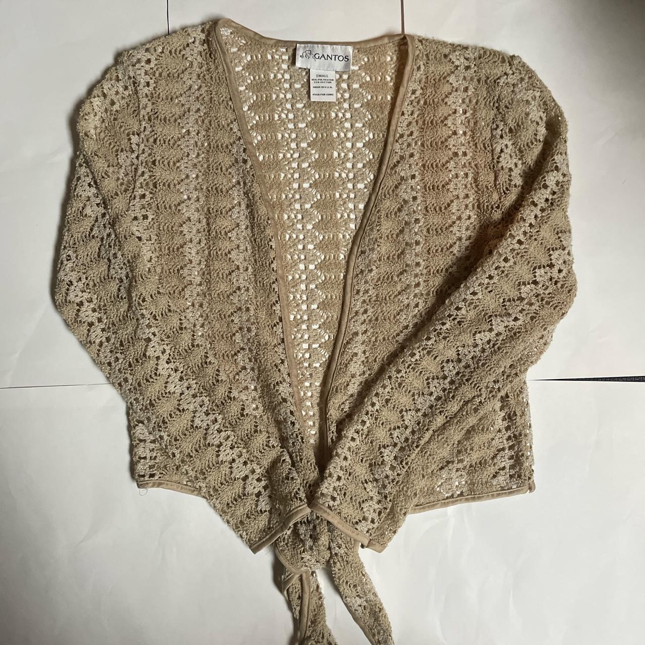 Women’s Sheer Tie Open Cardigan. Beige and White... - Depop