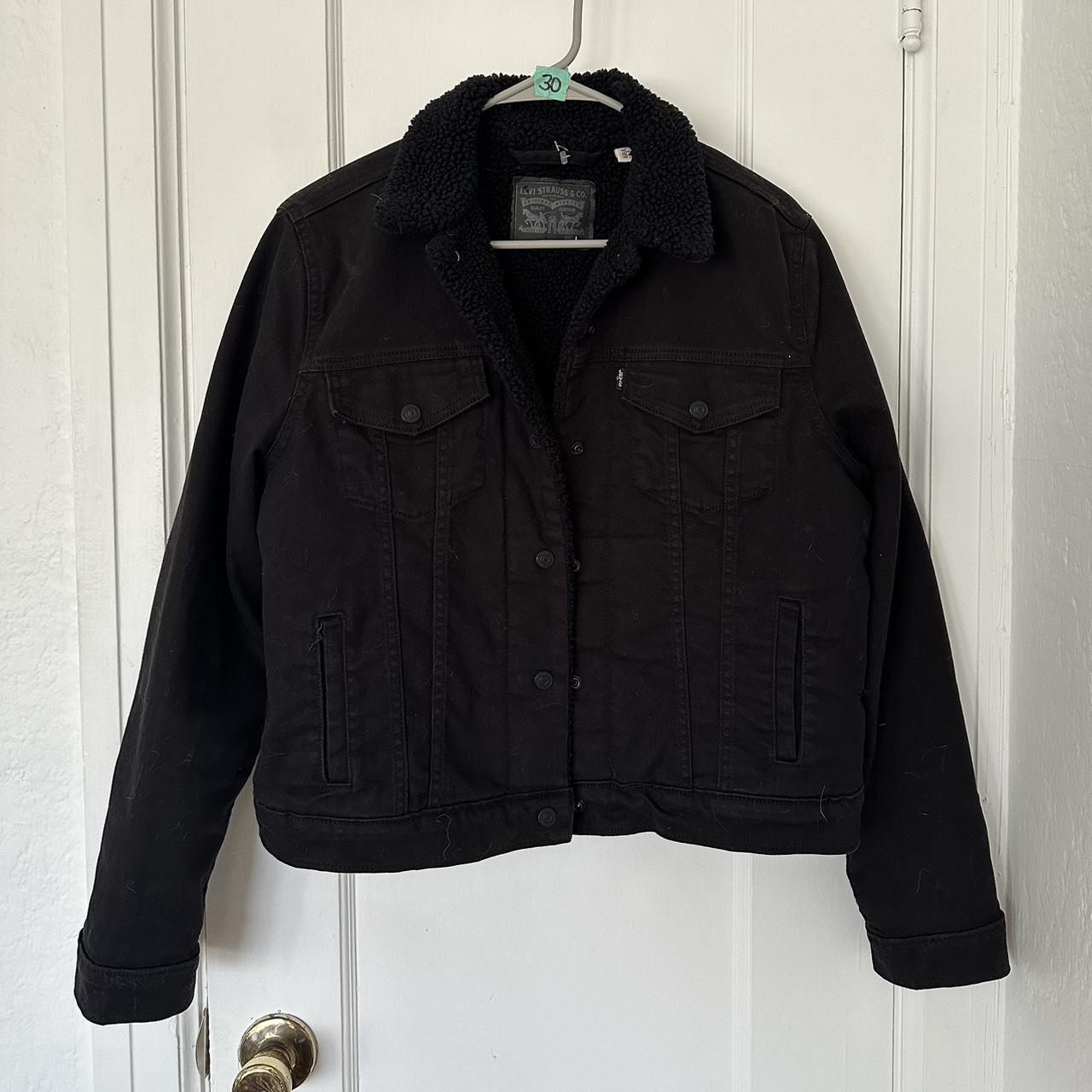 Fleece lined black denim Levi’s button up jacket... - Depop