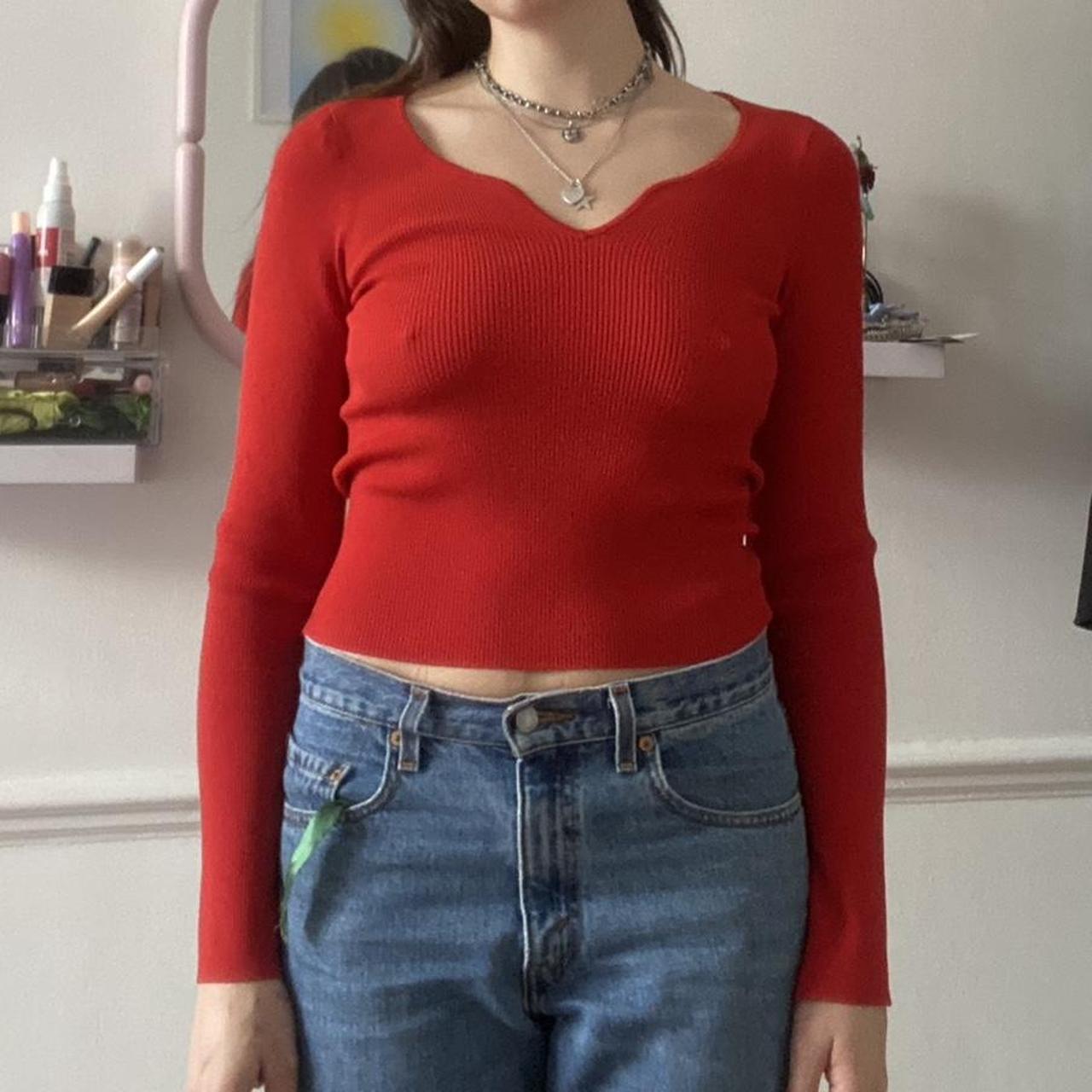 red, ribbed sweetheart neckline top from & other... - Depop