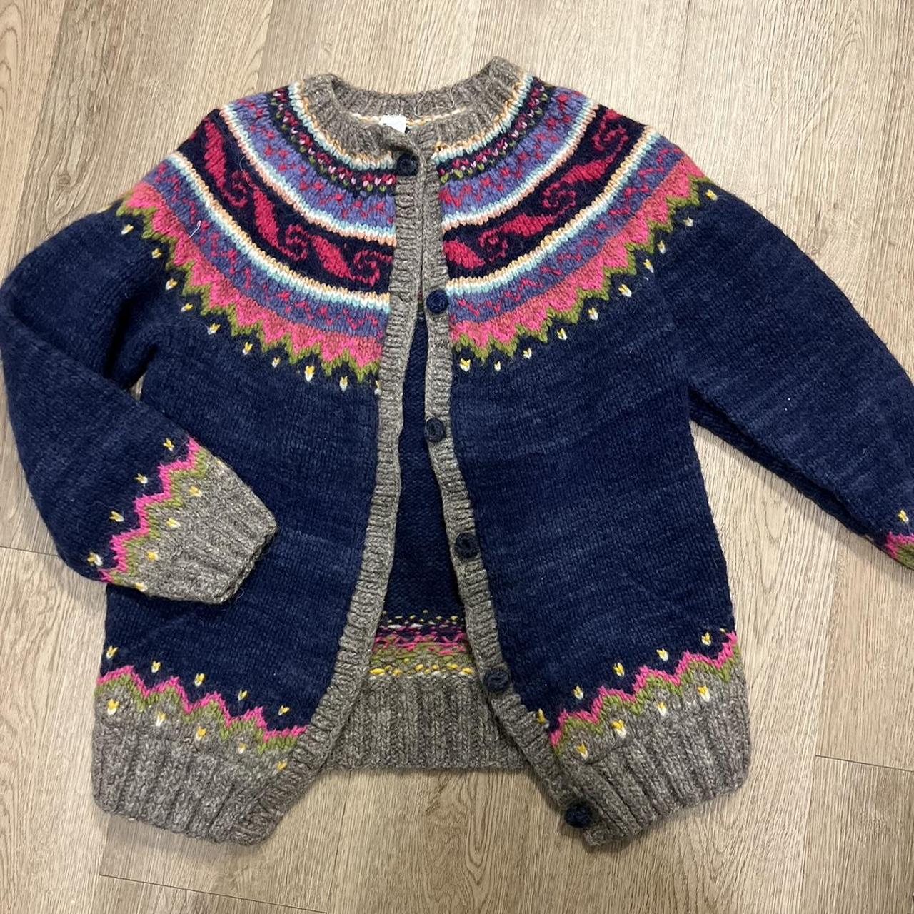 Handmade Navy and multi-coloured vintage cardigan - Depop