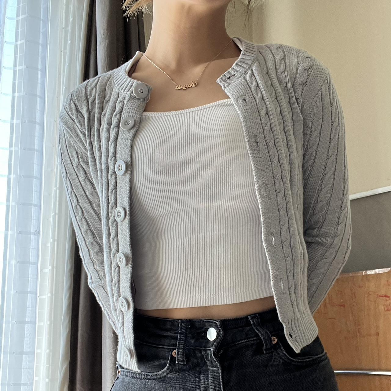 Grey Cable Stitch Cardigan Sweater Perfect for... - Depop