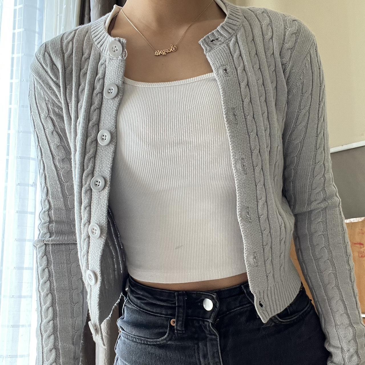 Grey Cable Stitch Cardigan Sweater Perfect for... - Depop