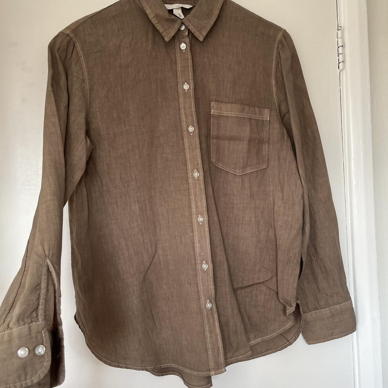 Brown linen shirt with contrast stitching and front... - Depop