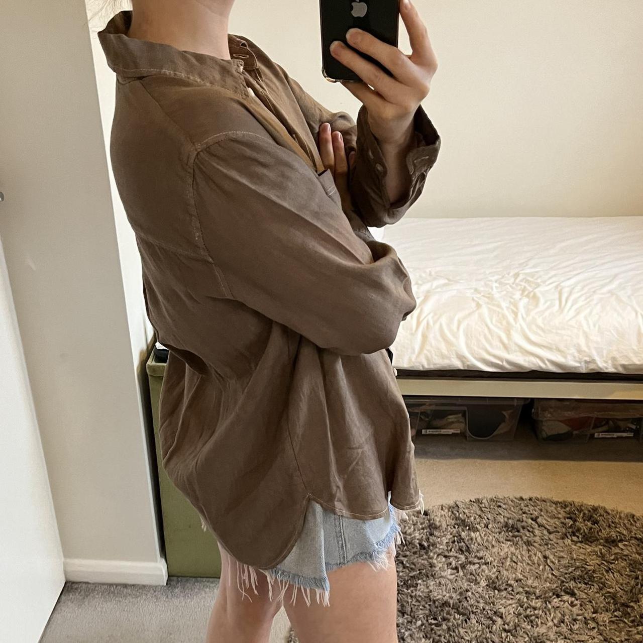 Brown linen shirt with contrast stitching and front... - Depop