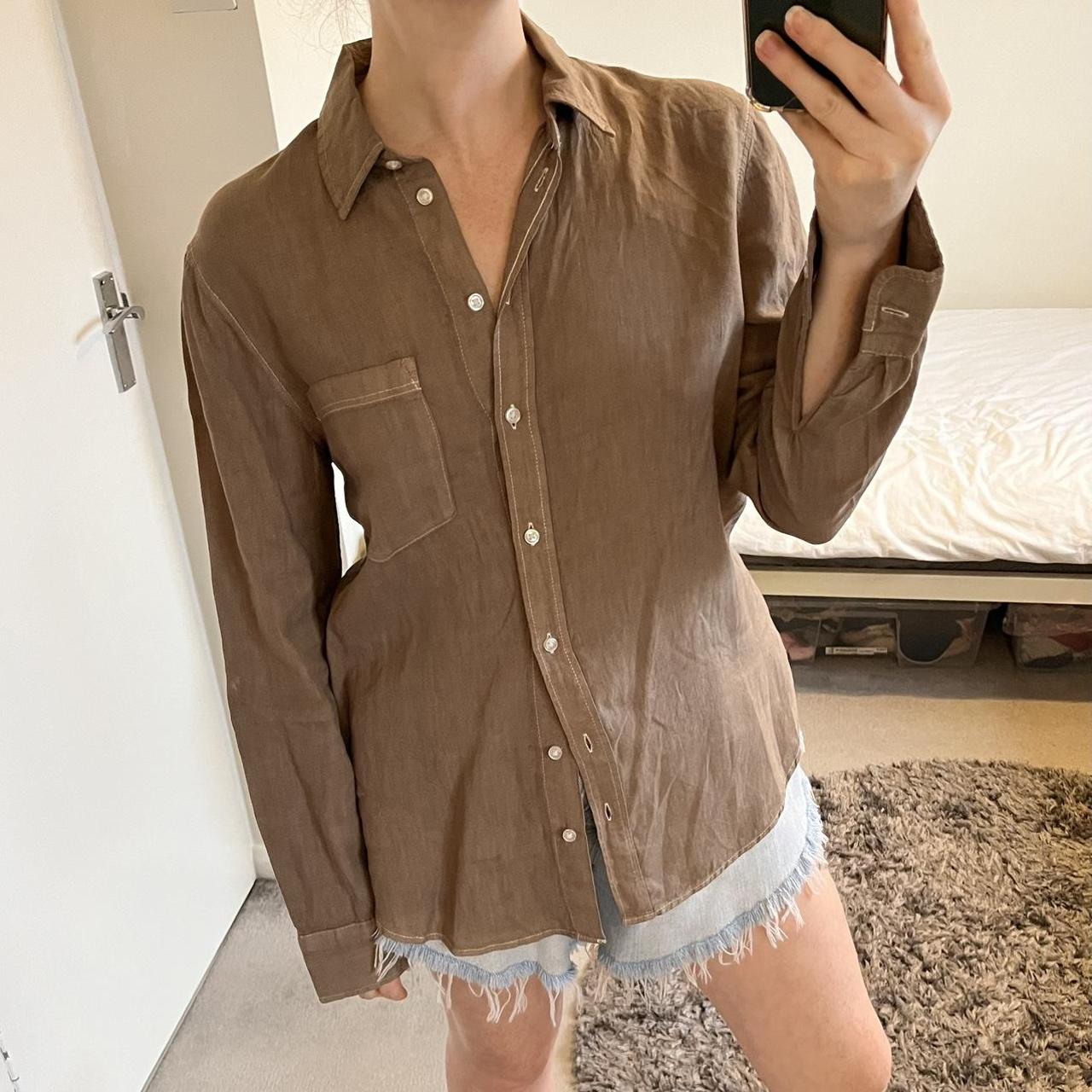 Brown linen shirt with contrast stitching and front... - Depop