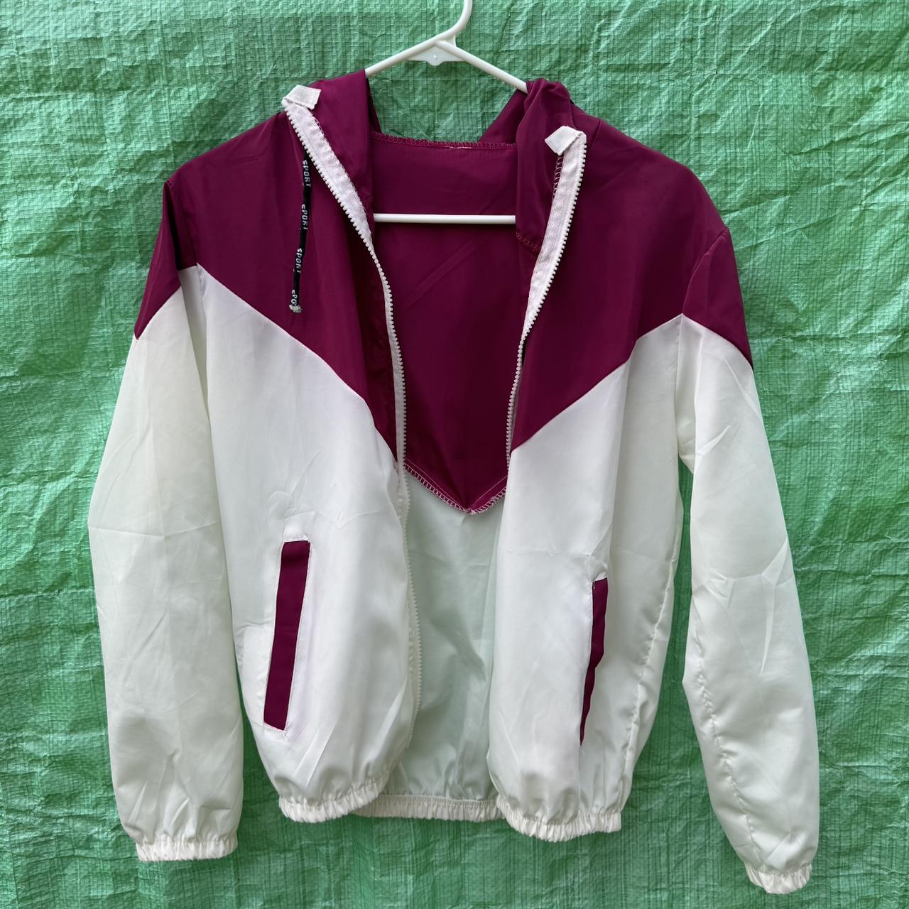 Maroon/white womens lightweight zip up jacket. Worn... - Depop